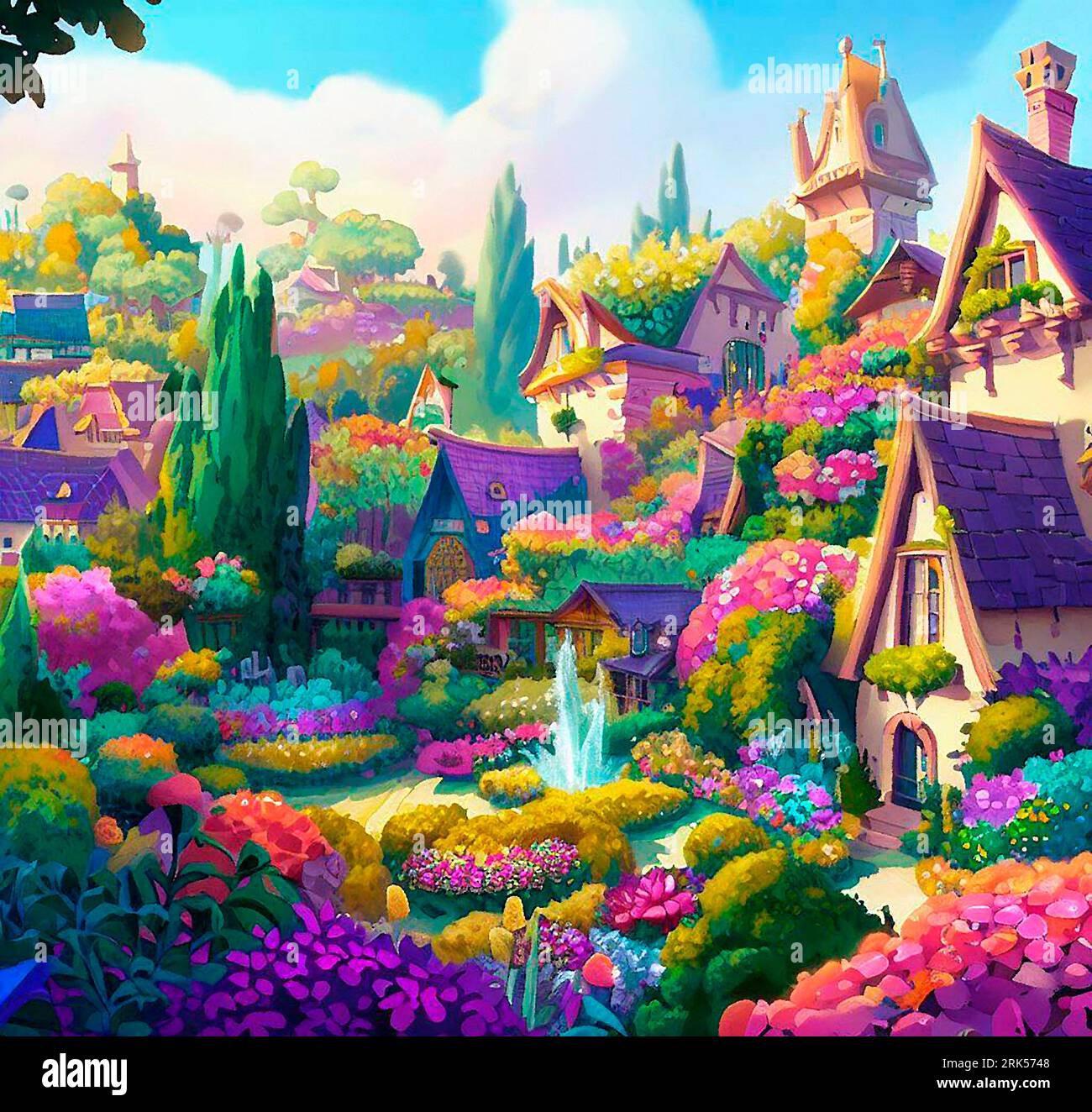 A vibrant painting of a quaint village featuring a multitude of vivid ...
