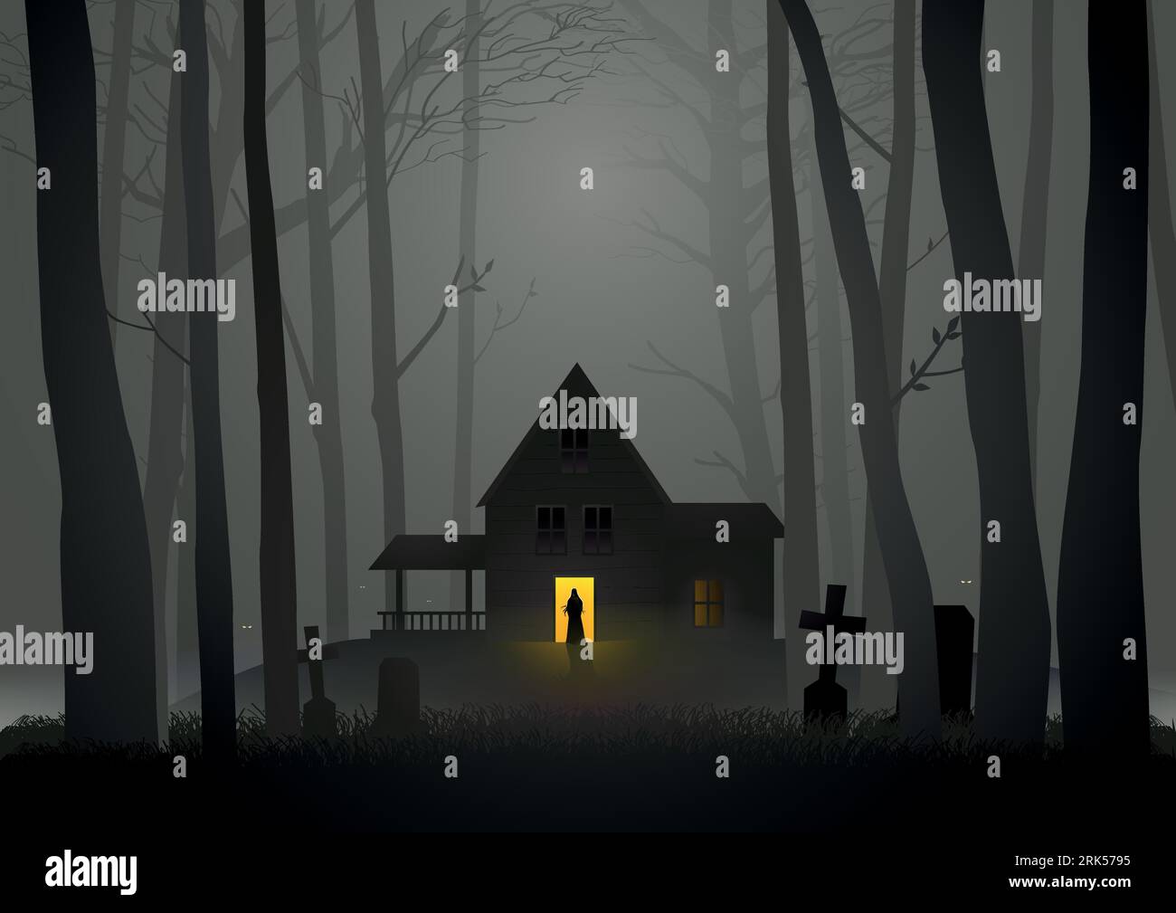 Graphic illustration of spooky house in the woods, for Halloween and ...