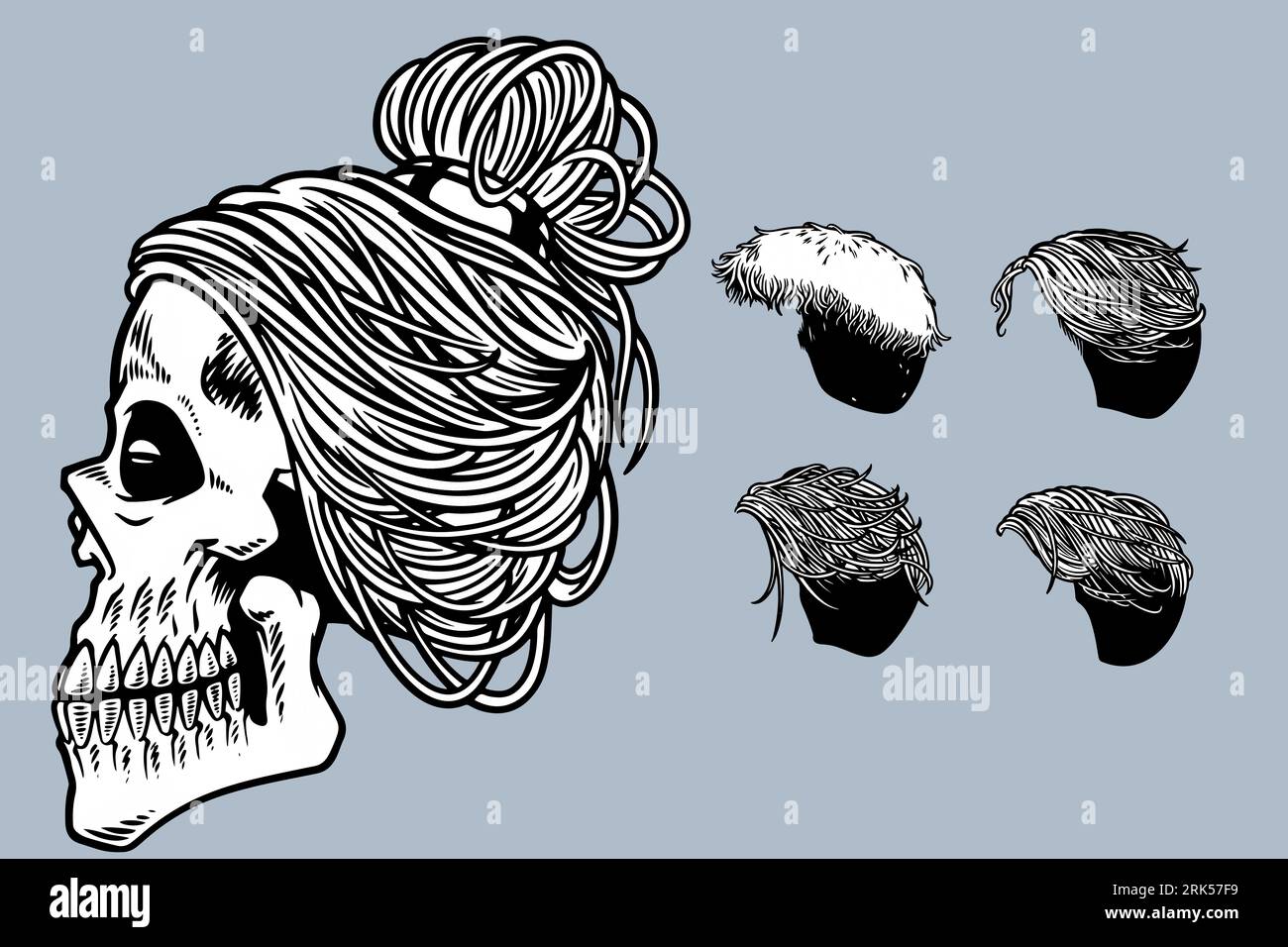 hand drawn skull with various hair vector illustration set monochrome ...