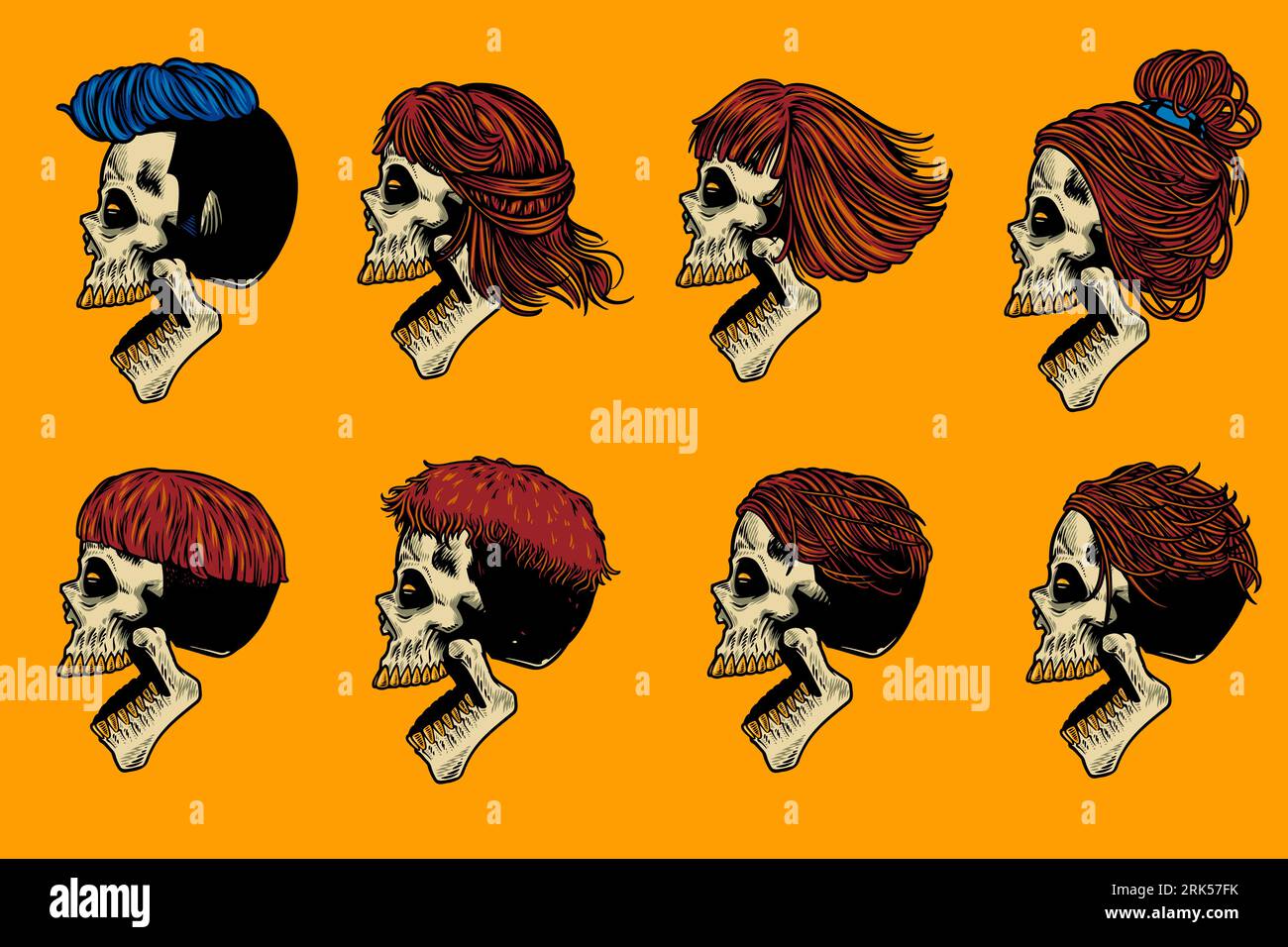 skull head with various hair and open mouth hand drawn illustration set ...