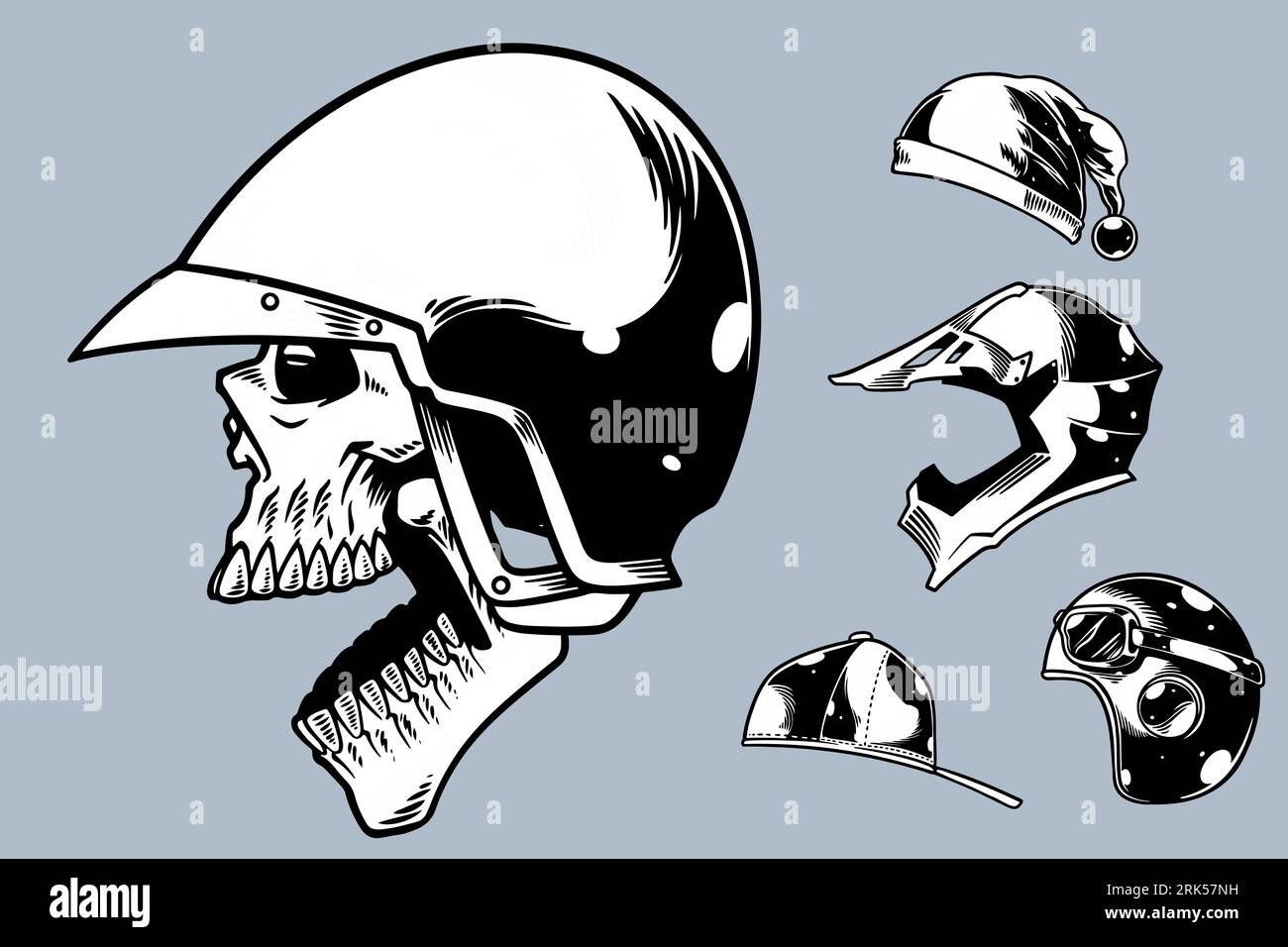hand drawn skull with various helm vector illustration set monochrome ...
