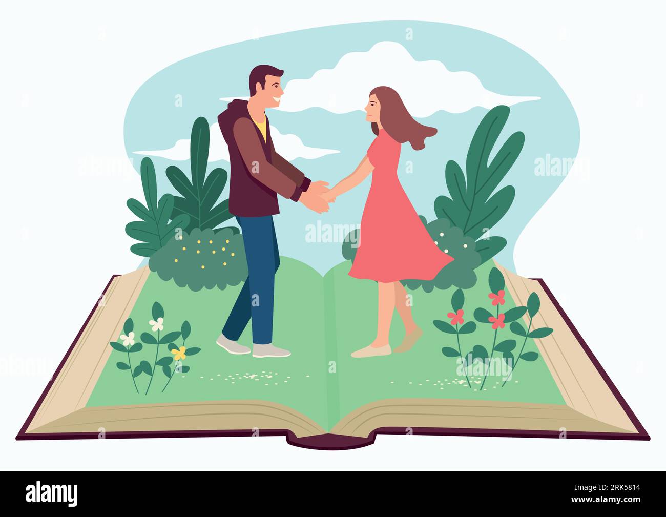 Simple flat vector illustration of man and woman holding hands on open ...