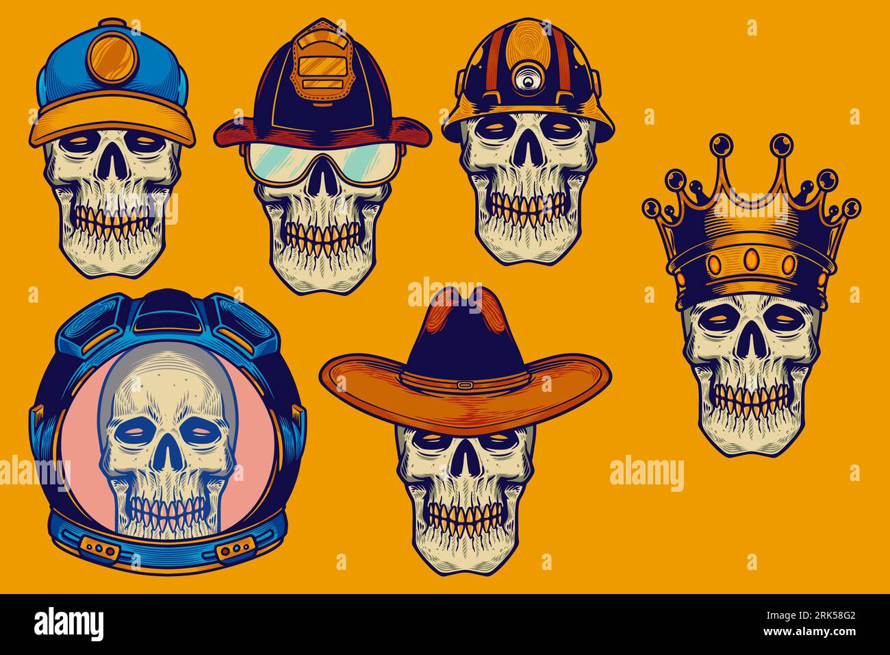 various skull and head gear vector illustration set cartoon style Stock ...