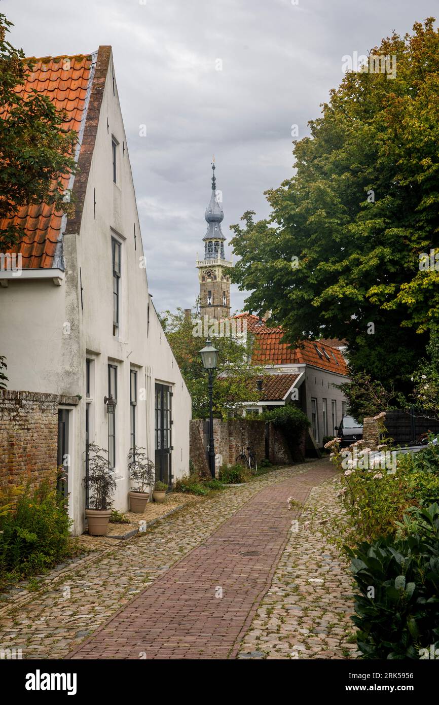 view from Pieterstraat to the tower of the historic town hall at the ...