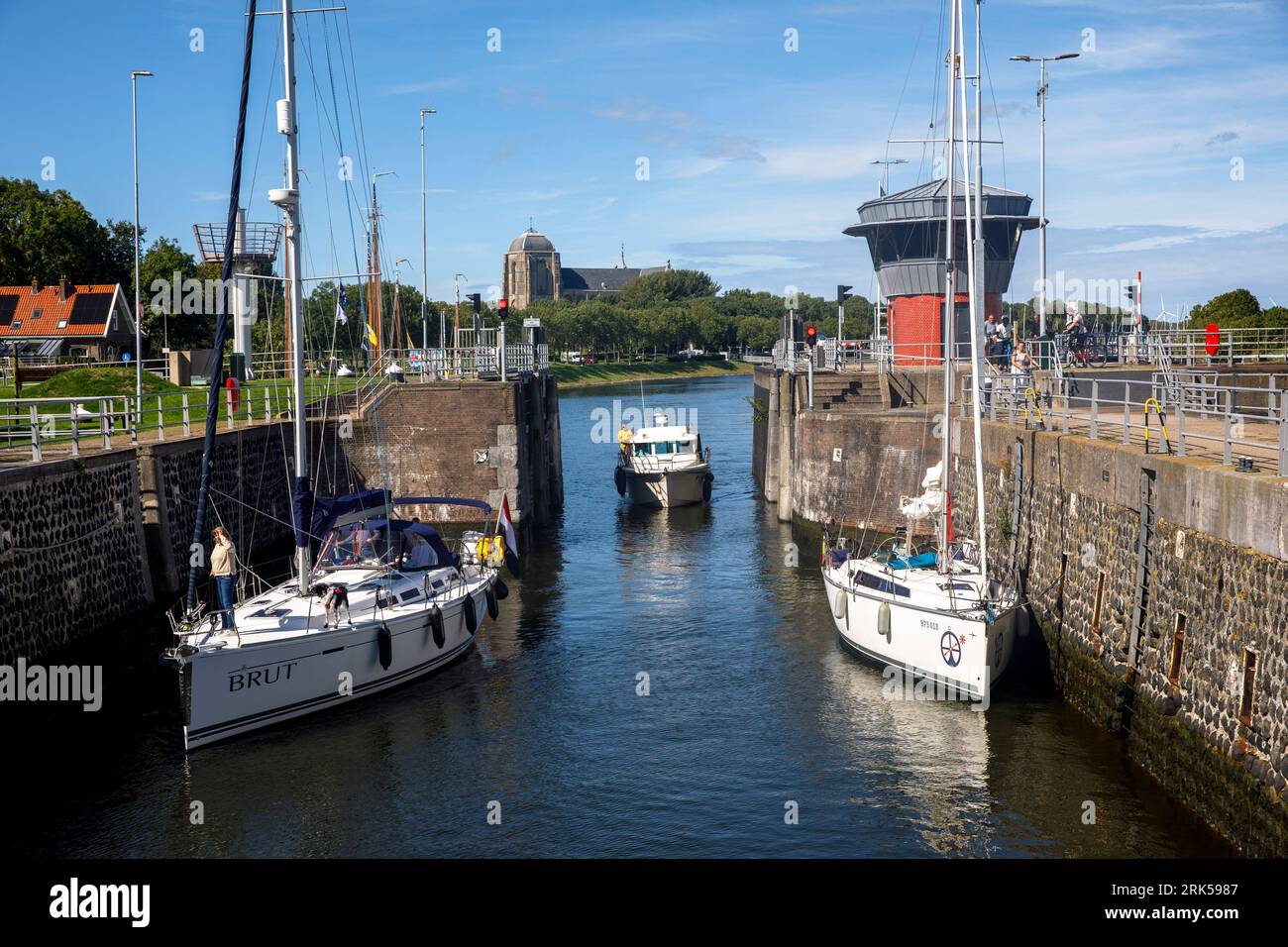 the village Veere on the peninsula Walcheren, boats in the sluice of ...