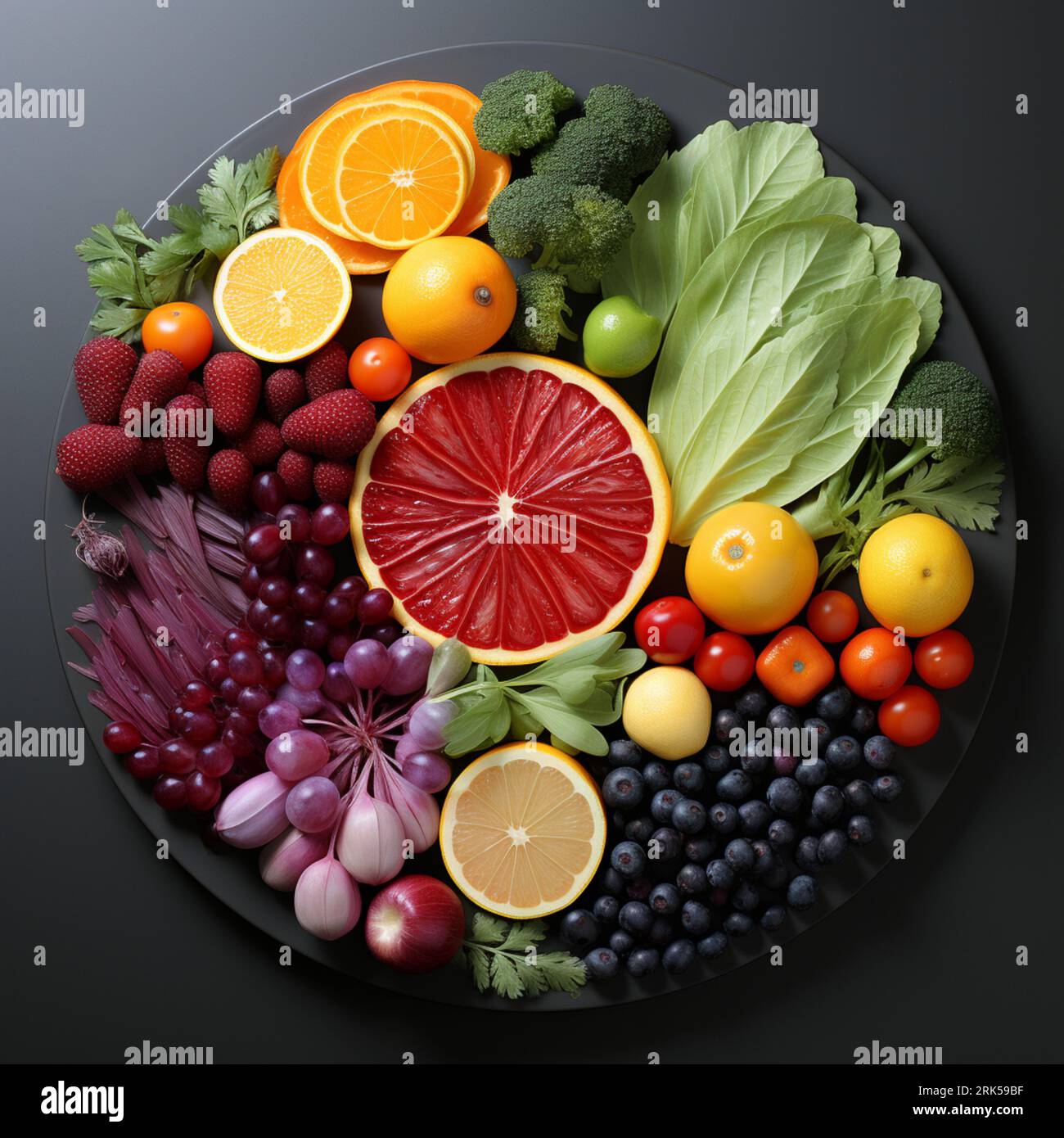 A close-up image of a colorful variety of fresh fruits and vegetables ...