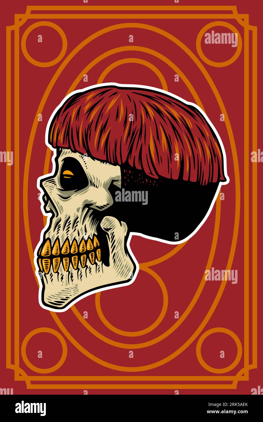 hand drawn skull head with cool hair card illustration Stock Vector ...