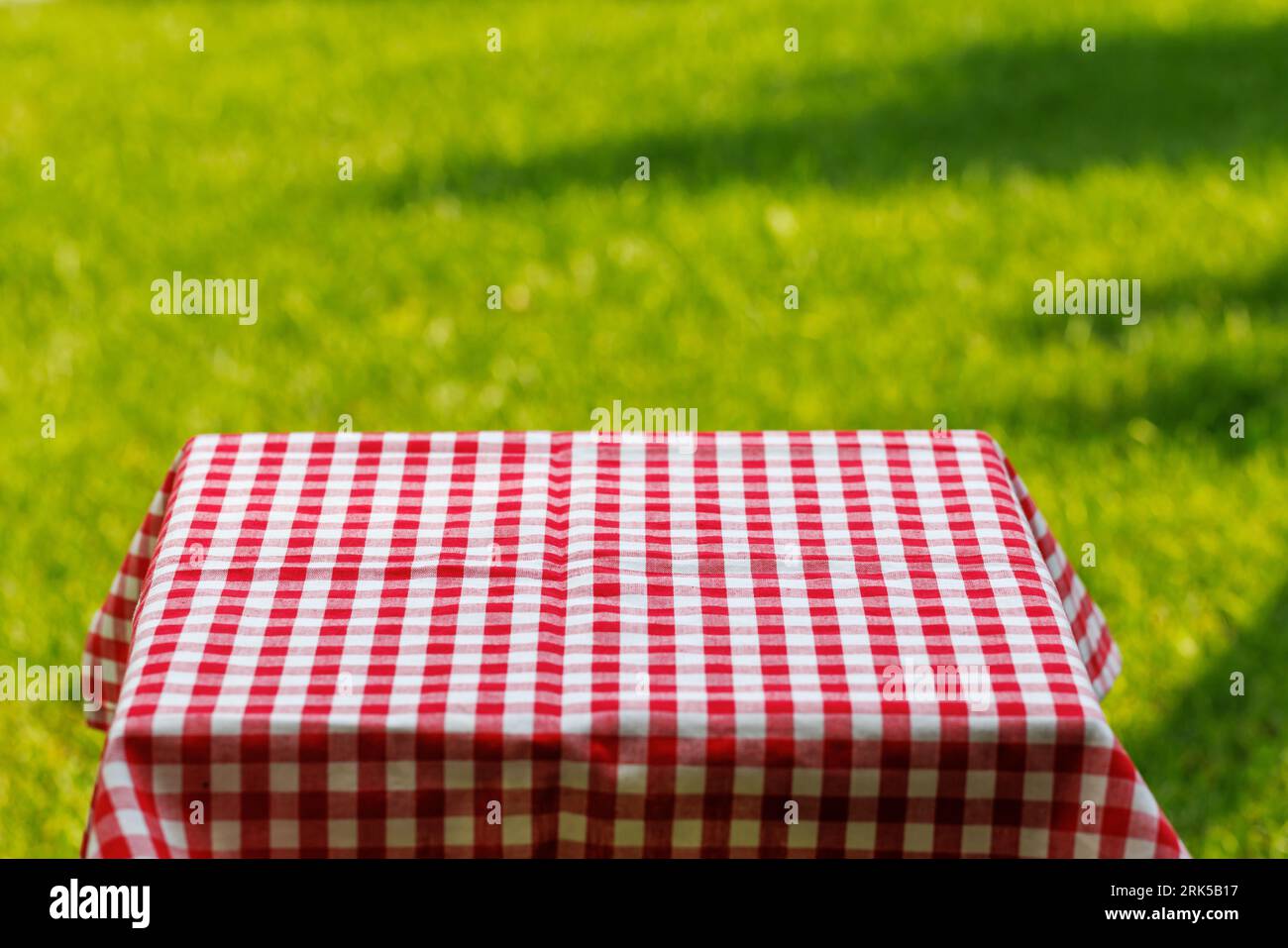 Empty garden table with lush backdrop. Mockup template for your product ...