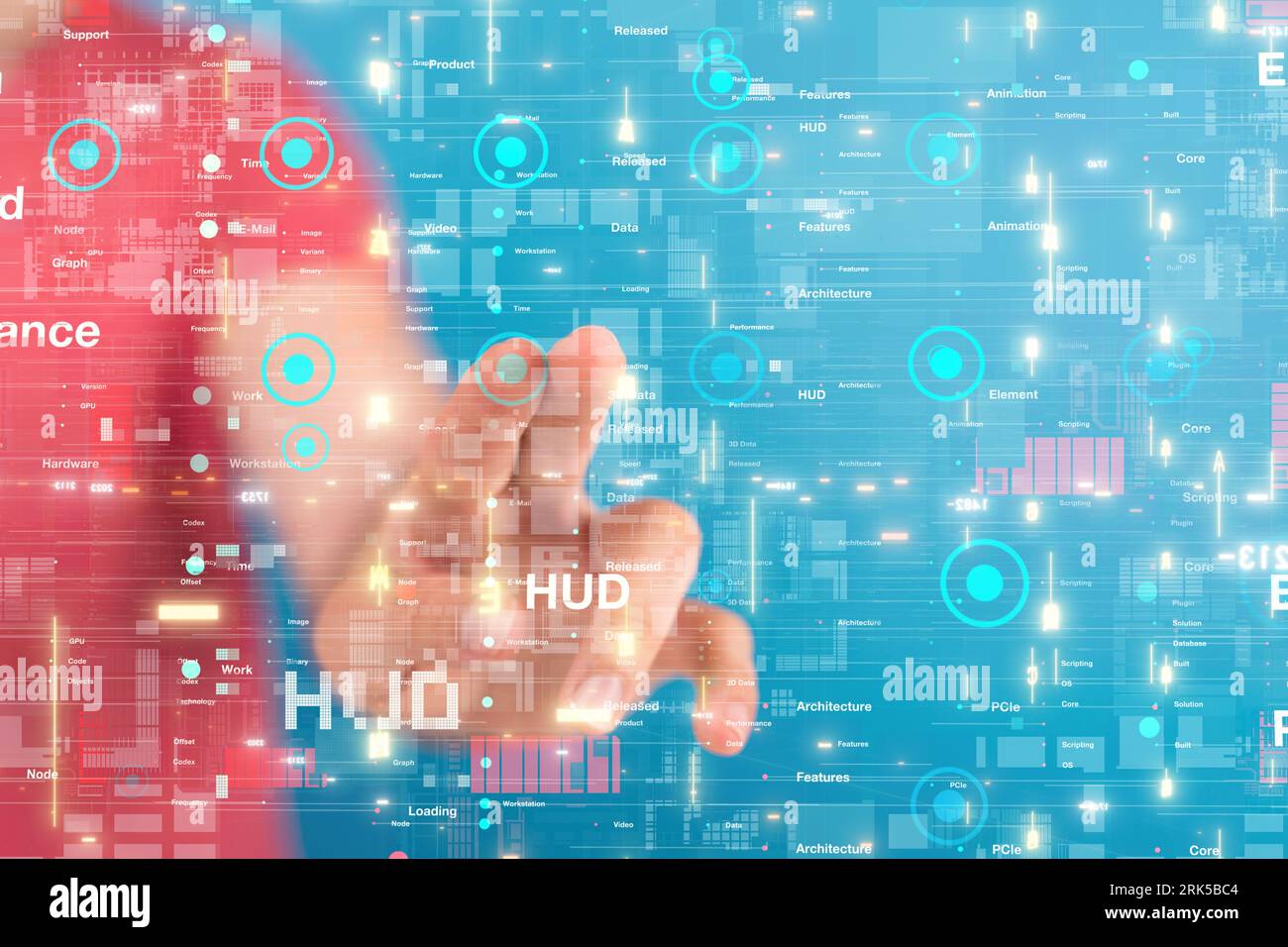 A person's hand presented, displaying a screen with colorful coding and programming data Stock ...