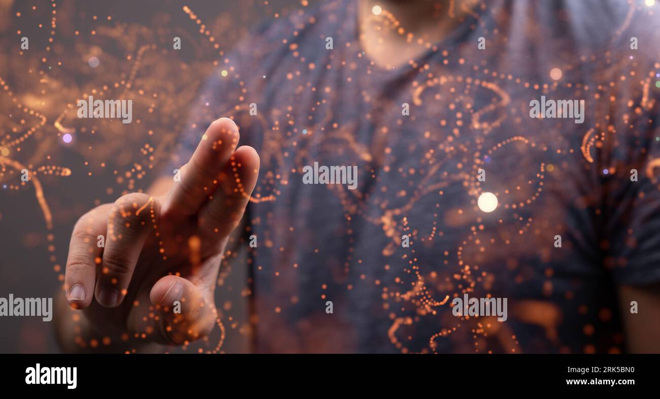 A person presenting a display of multiple digital connections - concept ...