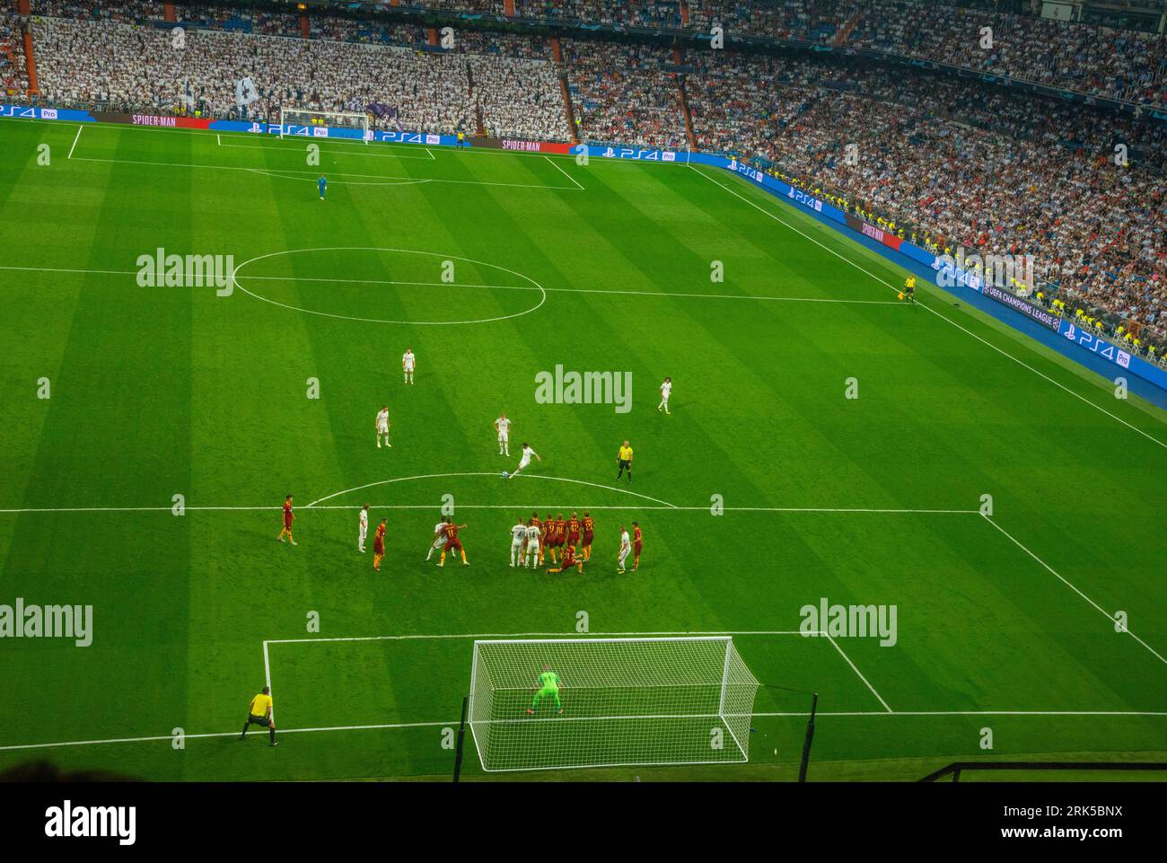 Free kick, Real Madrid-AS Roma football match. Champions League ...