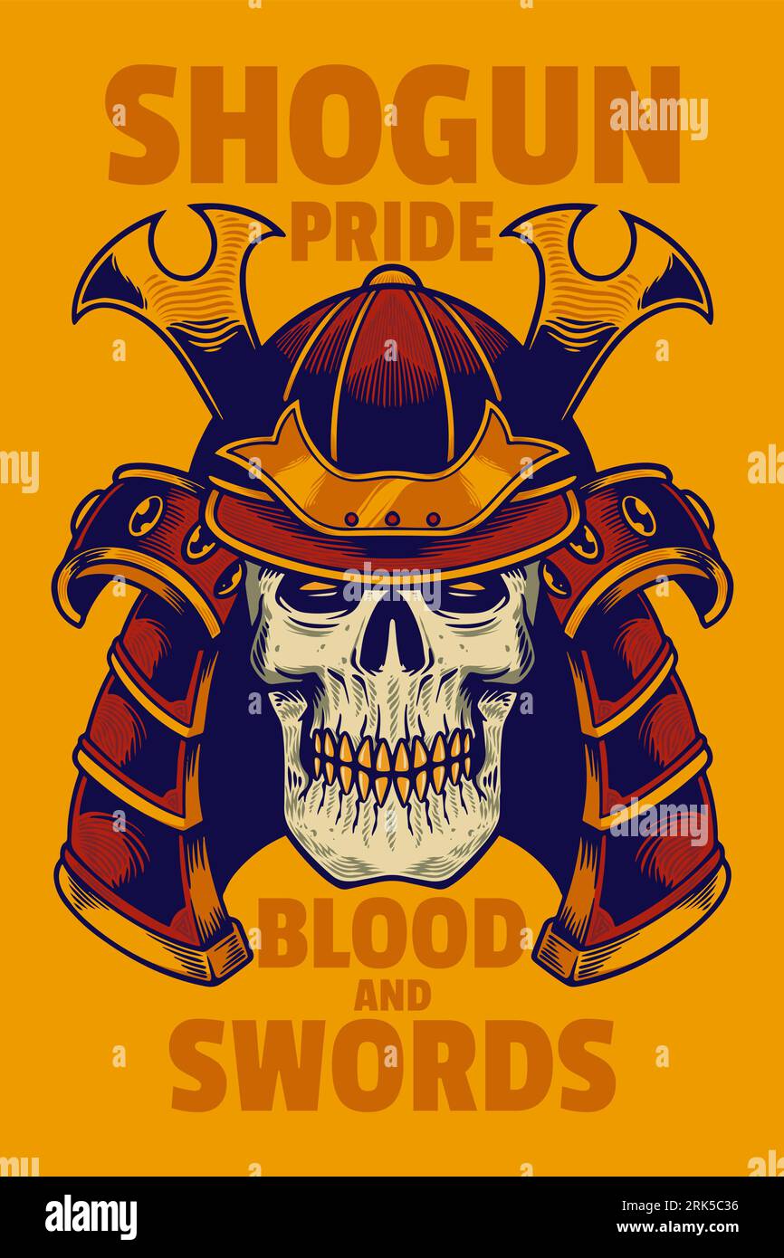 skull head wear samurai helmet card poster vector illustration Stock ...