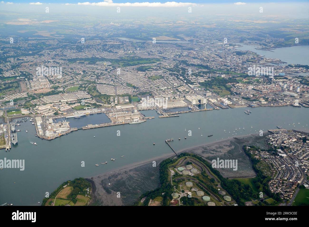 An aerial photograph of Plymouth naval dockyard, Saltash, Devon, south ...