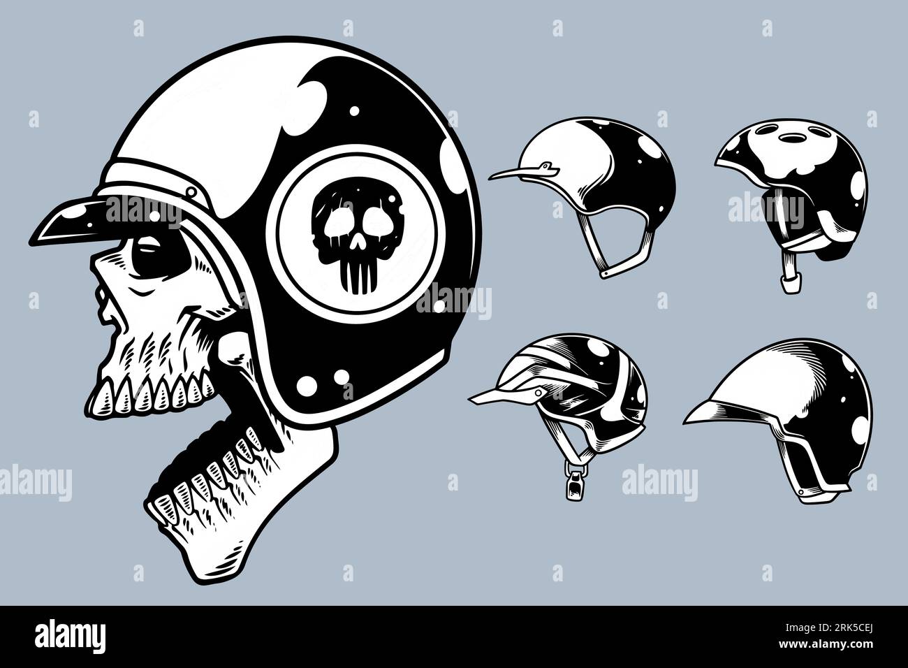 hand drawn skull with various helm vector illustration set monochrome ...
