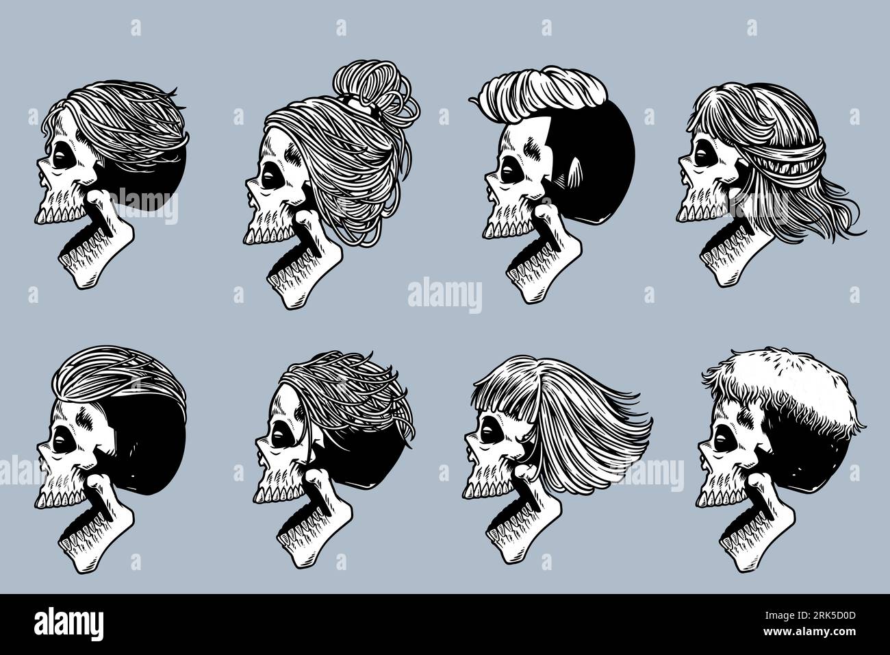 skull head with various hair and open mouth illustration set monochrome ...