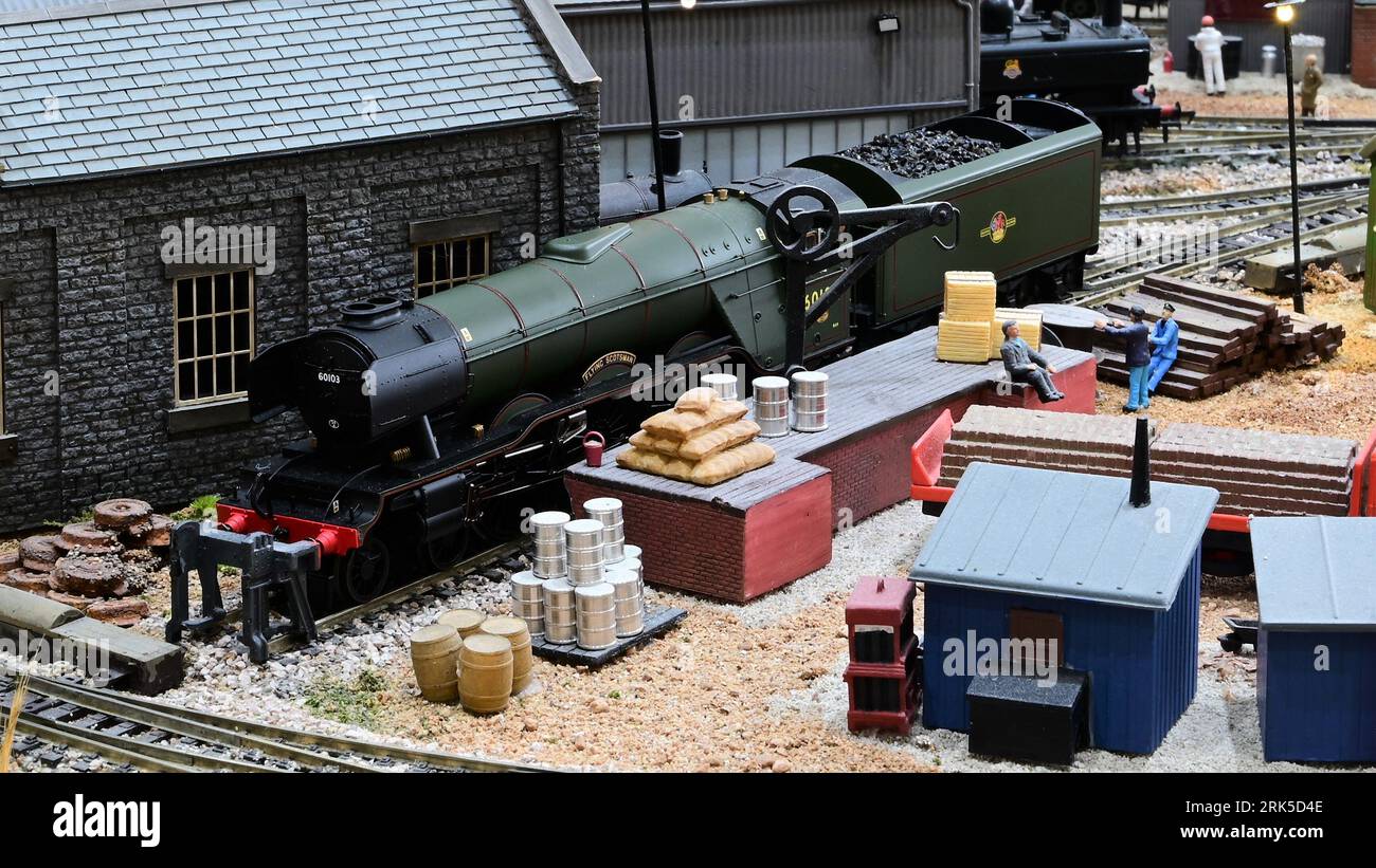 The Flying Scotsman in a railway siding on a model railway Stock Photo ...