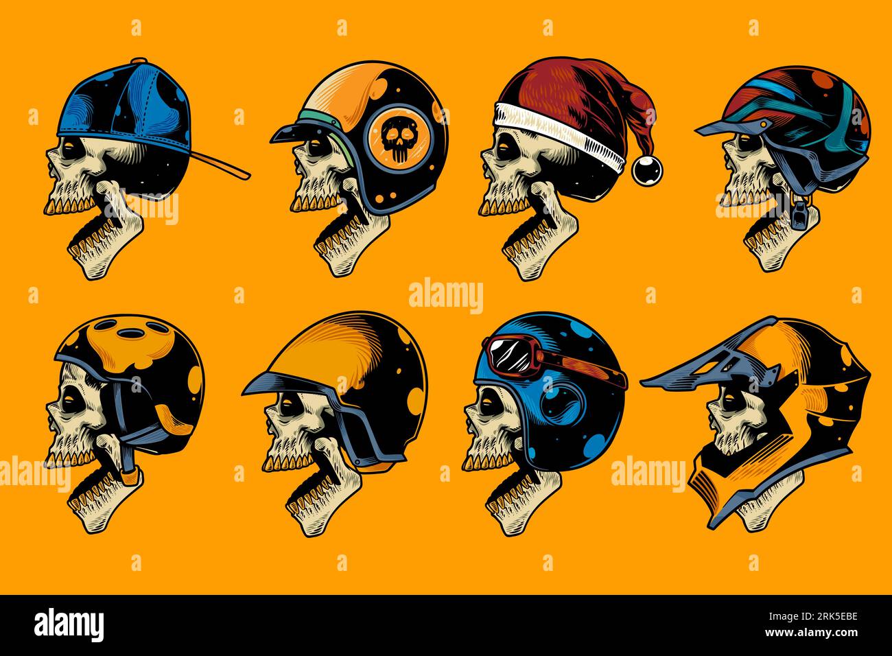 skull head with various helm on and open mouth hand drawn illustration ...