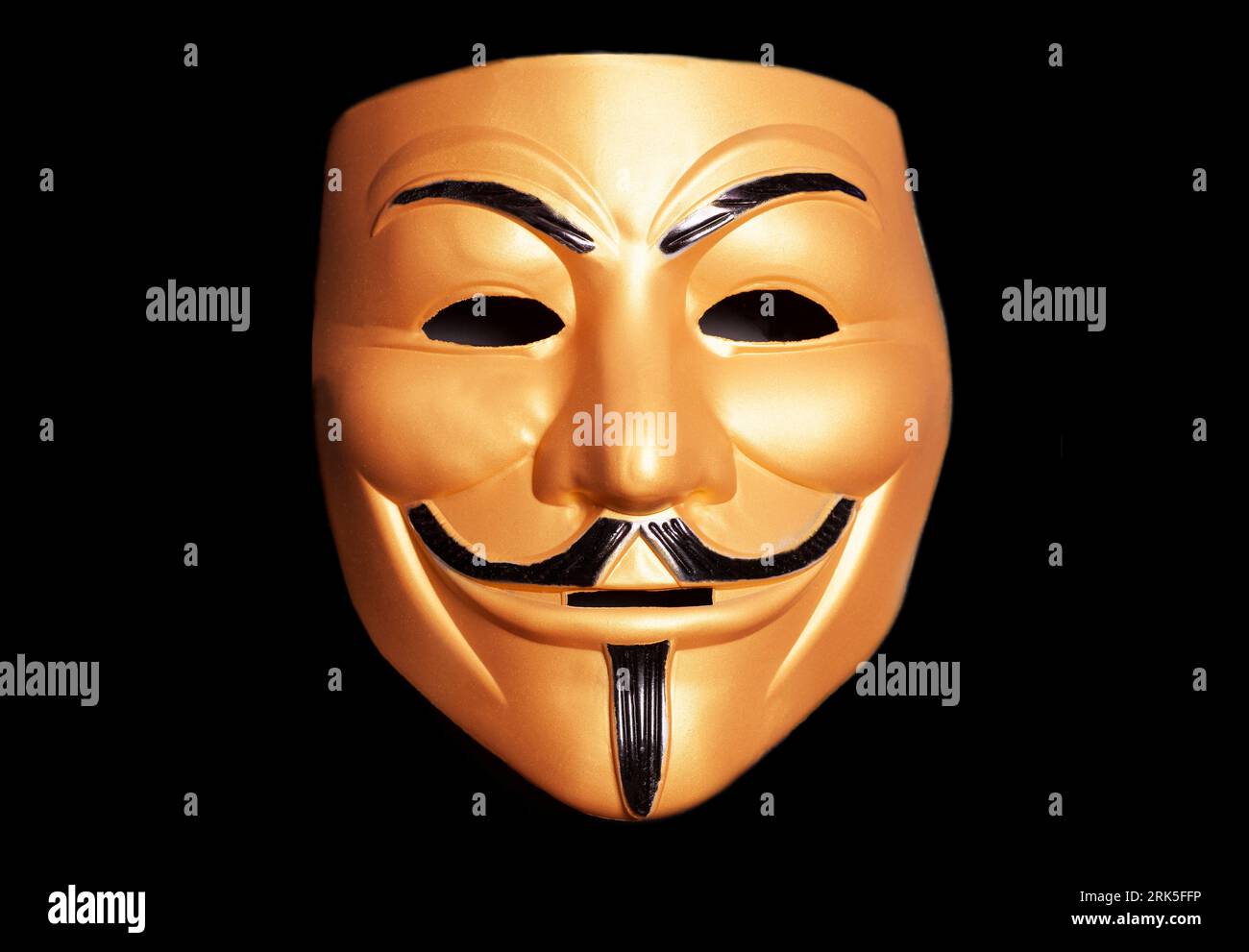 Moscow, Russia, August 23, 2023: Golden anonymous computer hacker mask ...