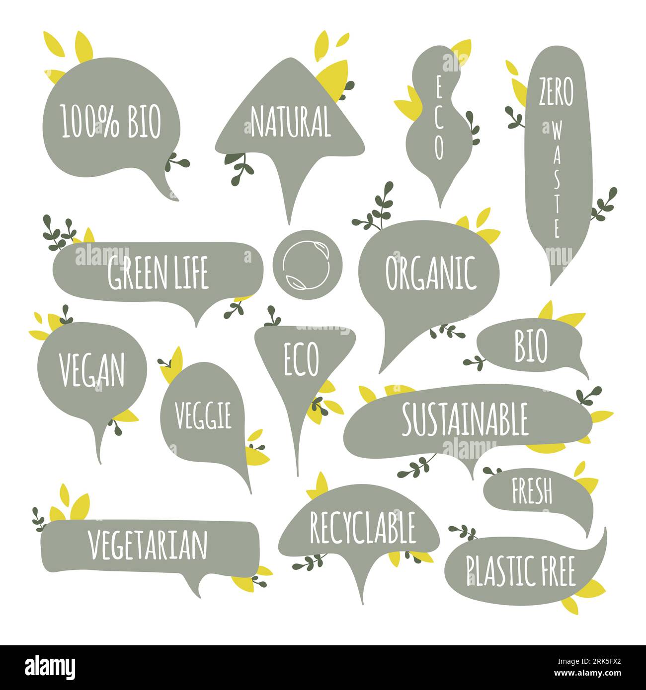 Green speech bubbles labels set. For organic products. For sustainable ...