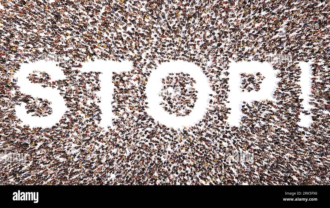 Concept or conceptual large community of people forming the word STOP ...