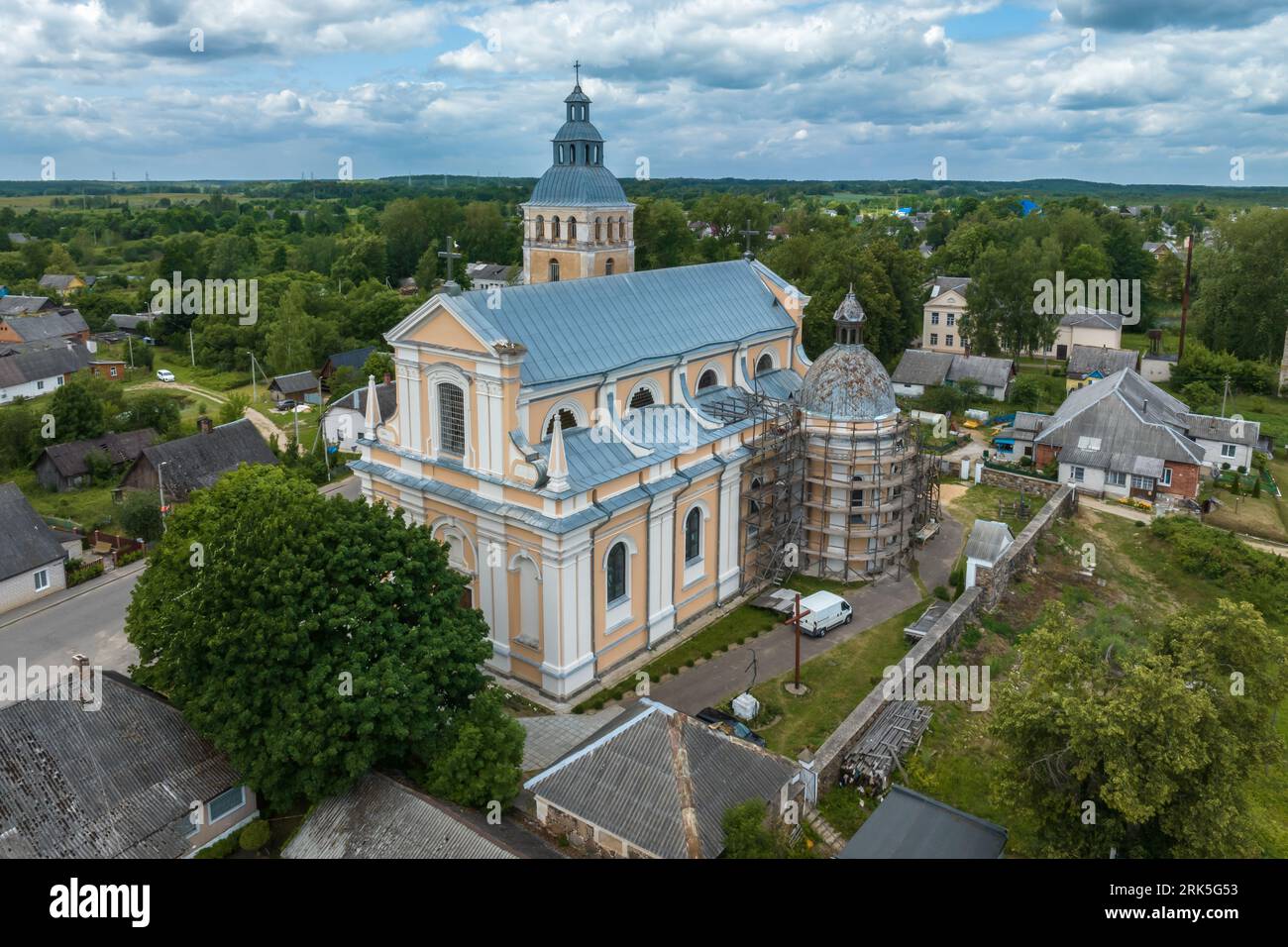 aerial view on neo gothic or baroque temple or catholic church in ...