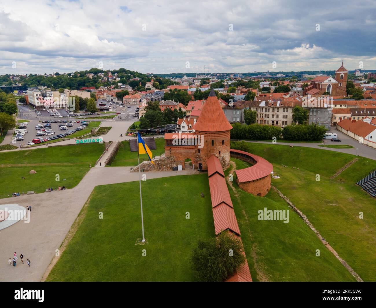An aerial view of Kaunas Castle located in Lithuania with the city ...