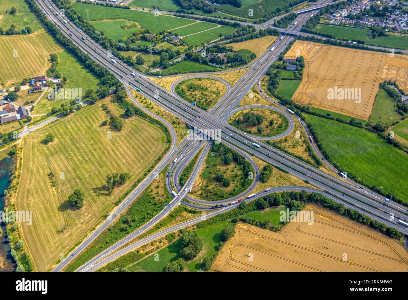 Aerial view, freeway junction Kamp-Lintfort, freeway A57 and freeway ...