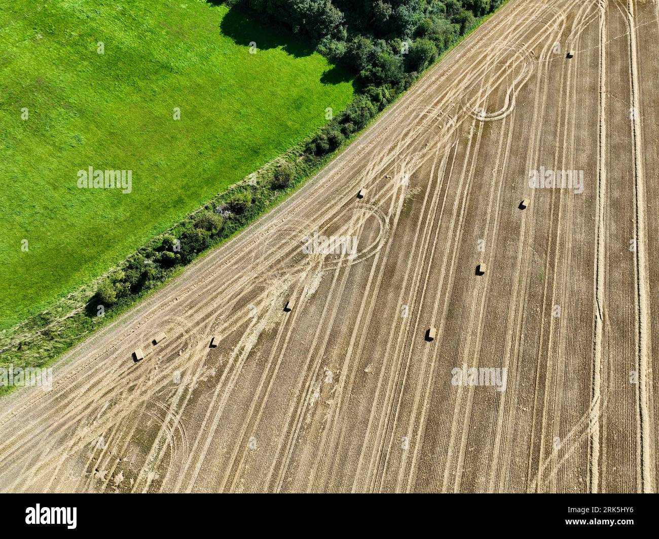 aerial view looking down on the patterns of fields and hedges Stock ...