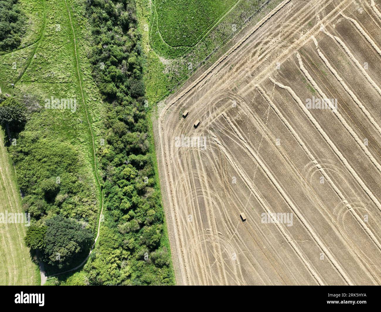 aerial view looking down on the patterns of fields and hedges Stock ...
