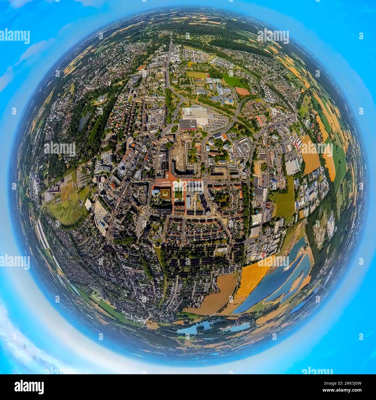 Aerial view, city center downtown view, globe, fisheye shot, 360 degree ...