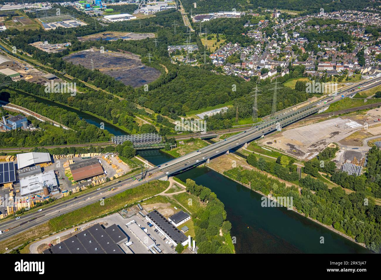 Aerial view, construction work on the Emscher bridge of the A43 freeway ...