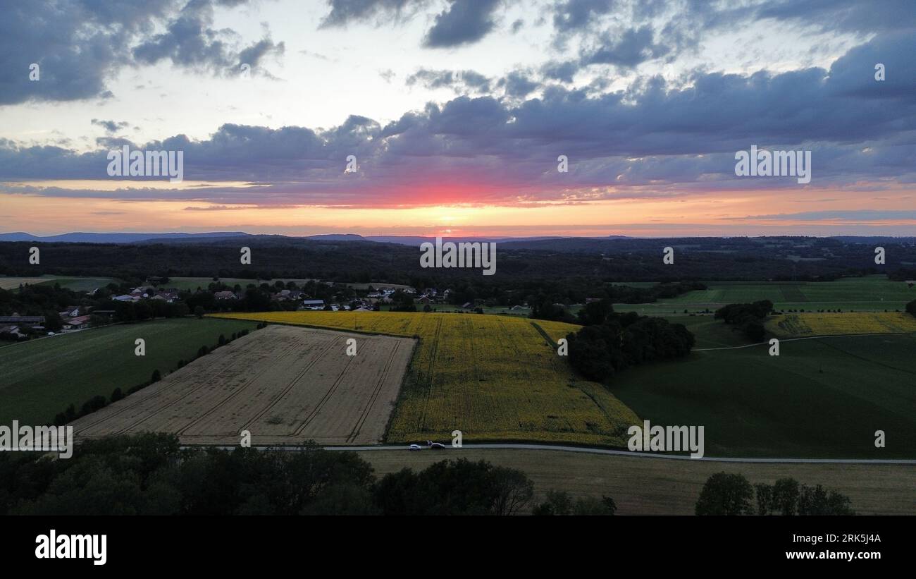 An aerial view of a lush green landscape with patches of trees and a ...