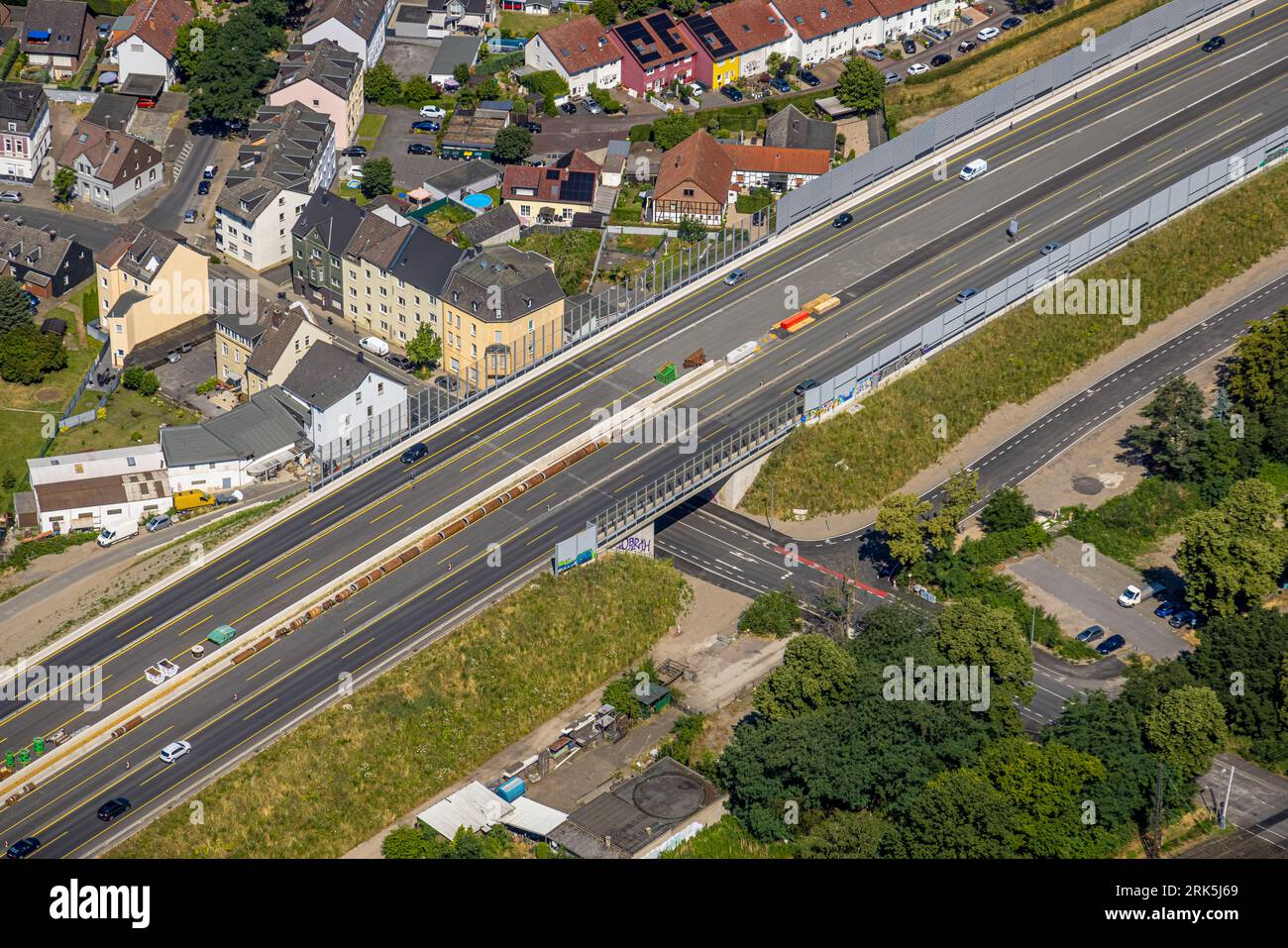 Aerial view, construction site of freeway A43 at bridge ...