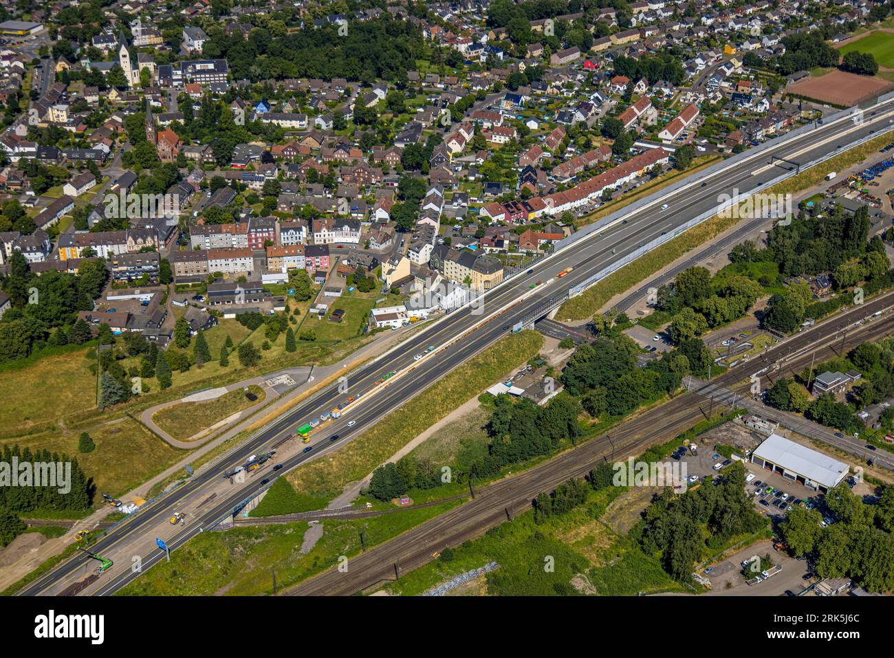 Aerial view, construction site of freeway A43 at bridge ...