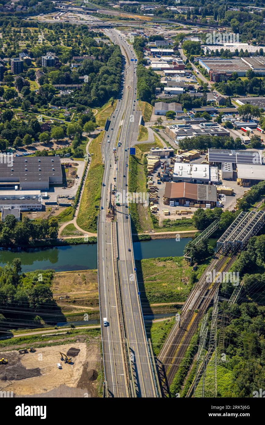 Aerial view, construction work on the Emscher bridge of the A43 freeway ...