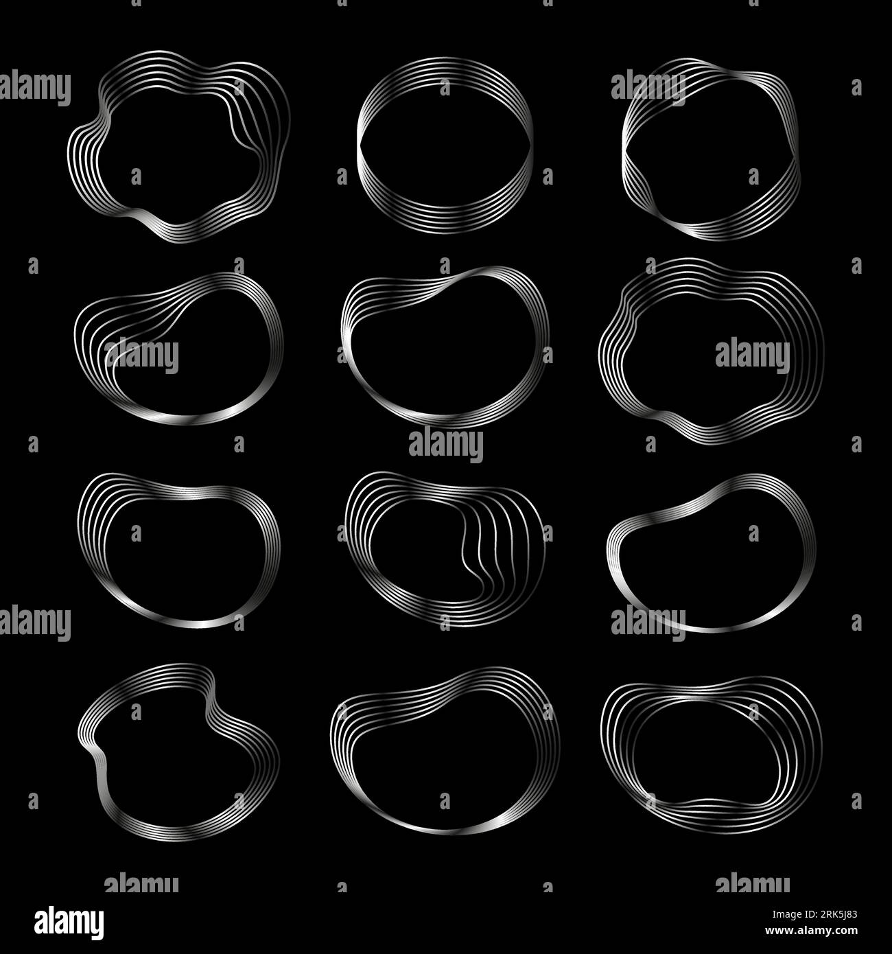 Set of oval wavy silver frames on a black background, art deco silver ...