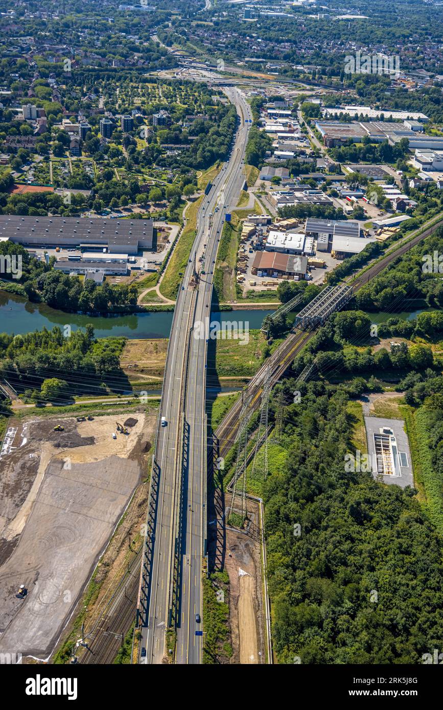 Aerial view, construction work on the Emscher bridge of the A43 freeway ...