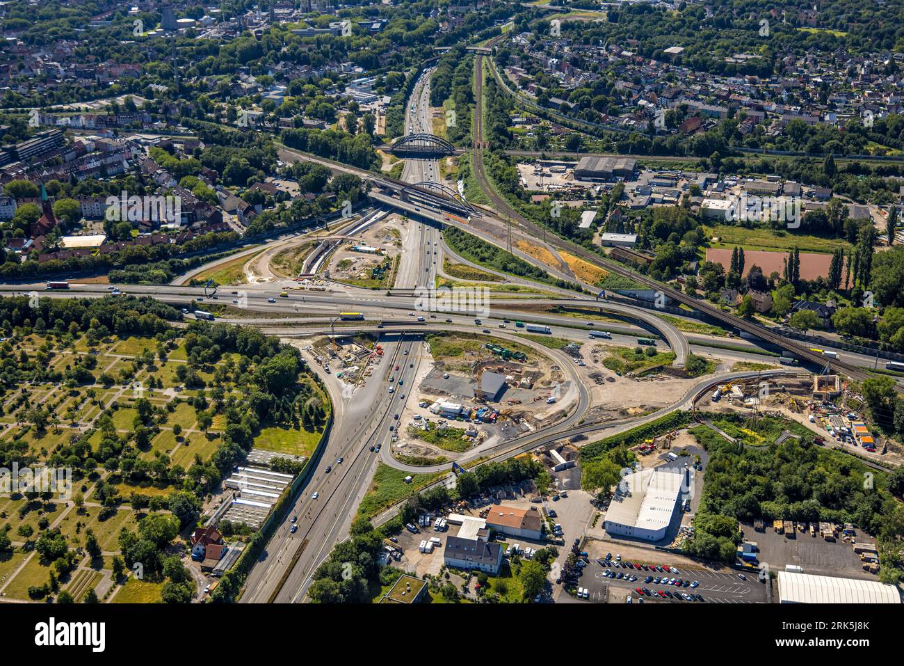 Aerial view, major construction site freeway interchange Herne, freeway ...