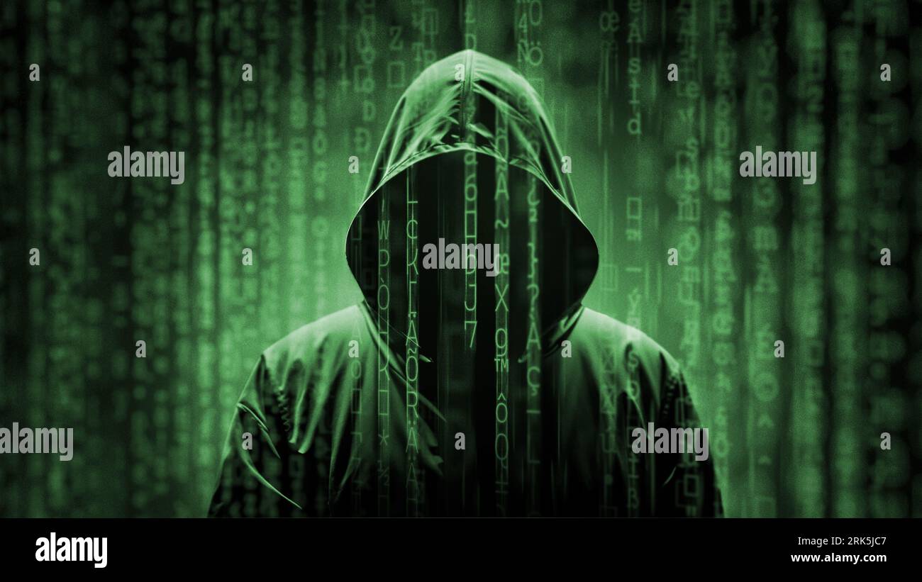 A mysterious silhouette of a hooded hacker beneath a digital green rain of binary code ...