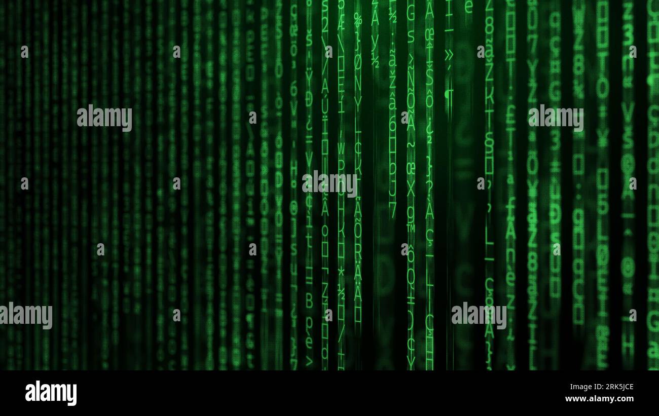 A dark background with digital green rain of binary code characters ...