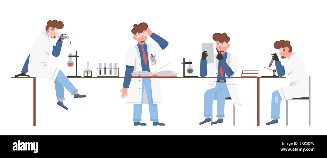 Scientist man in different working positions. Researcher in laboratory ...