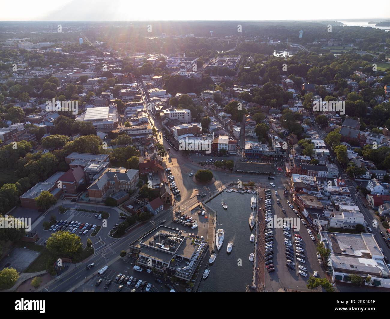 An aerial photo of the waterfront of Annapolis Maryland during sunset ...