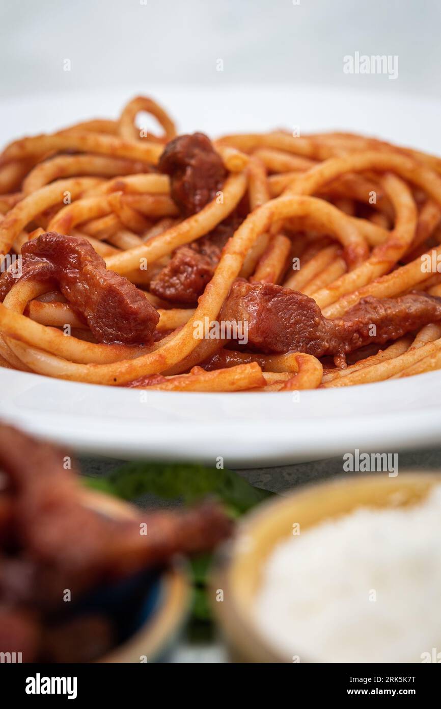 Homemade Bucatini all'Amatriciana, Cooked Beef Cheeks On Pasta, Cheese ...