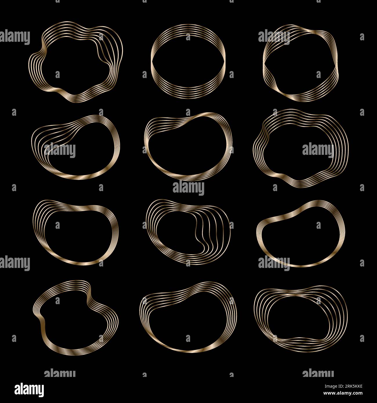 Set of oval wavy golden frames on a black background, gold elements in ...