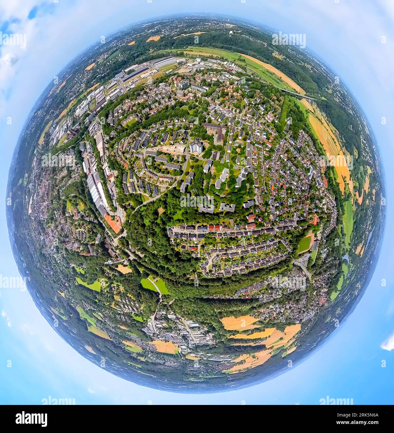 Aerial view, town view of Welper, globe, fisheye photo, 360 degree ...