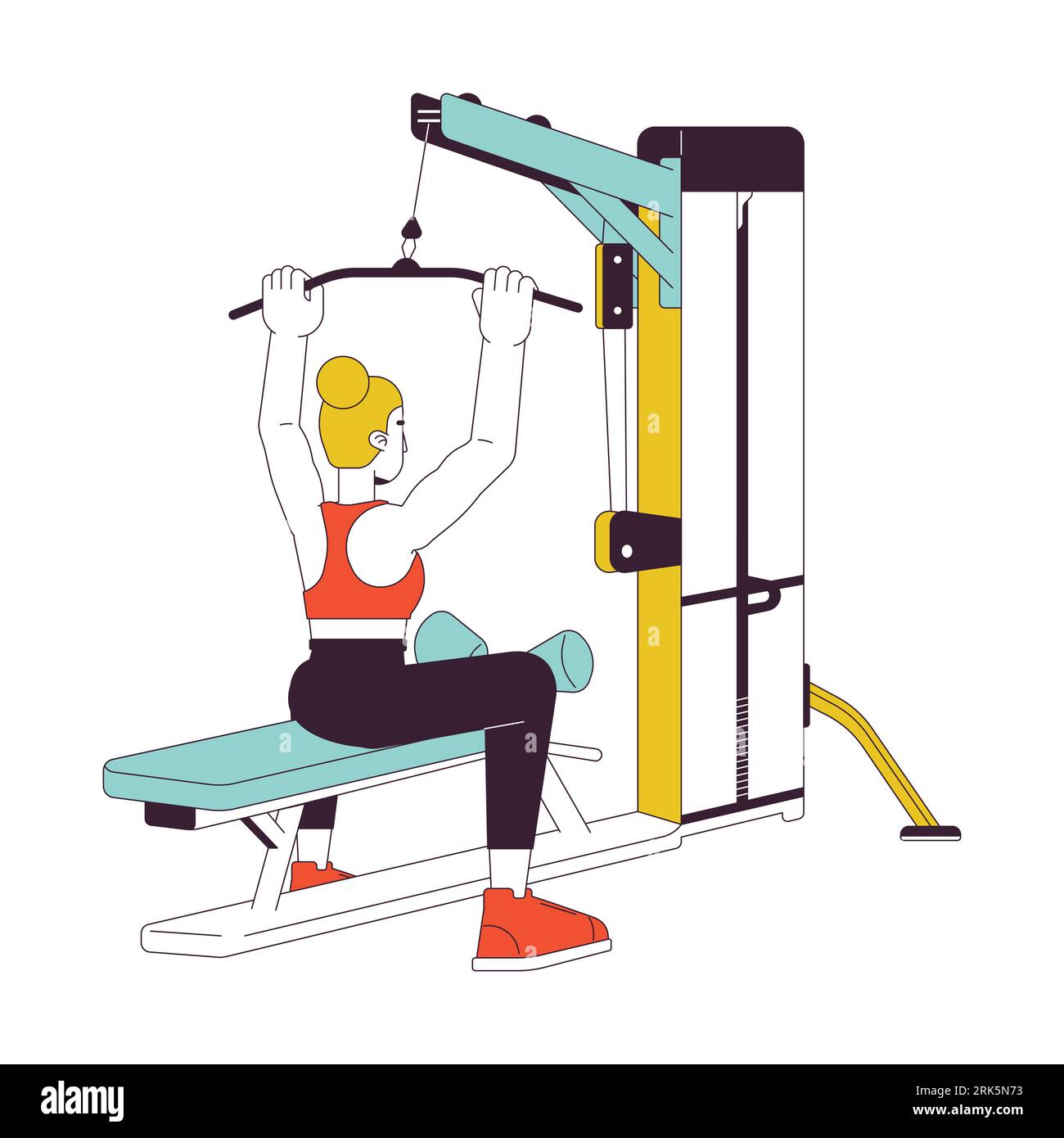 Woman grasping bar on lat pulldown machine flat line color vector ...