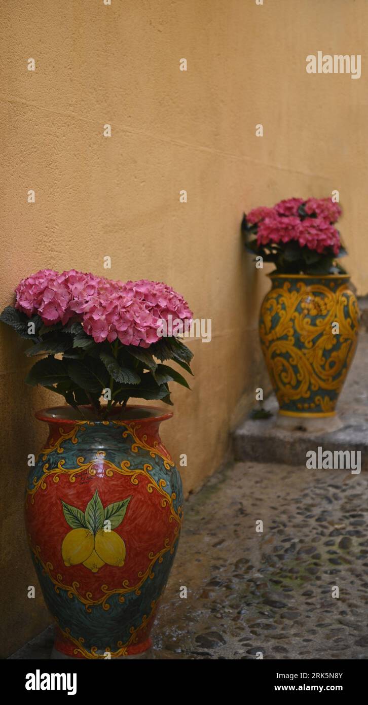 Colorful Sicilian Majolica planters on the stone steps of Scalinata ...