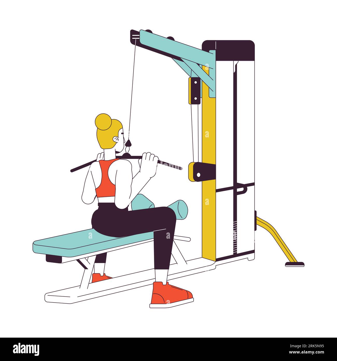 Woman pulling bar down on lat pulldown machine flat line color vector ...