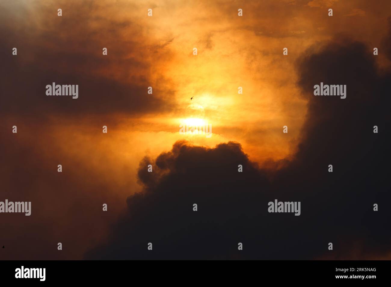 Thick smoke from a fire at sunset, large fire near the city of Volos ...