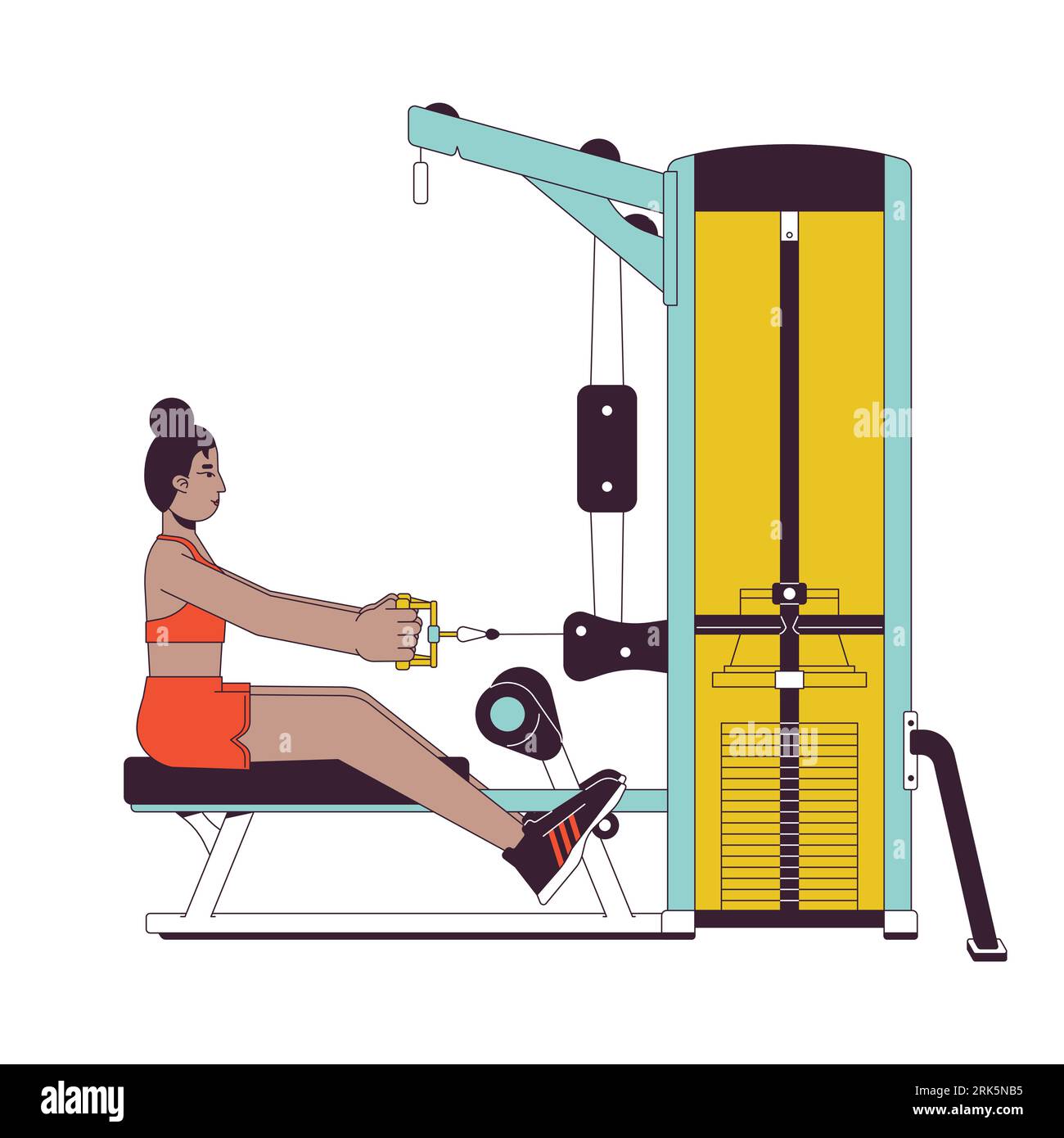 Woman in starting position on seated row machine flat line color vector ...